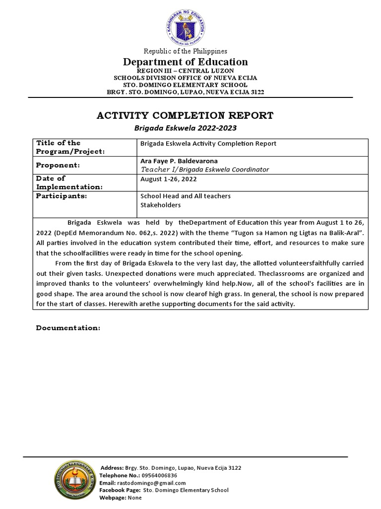 Brigada Eskwela 2022 Completion Report | PDF | Philippines