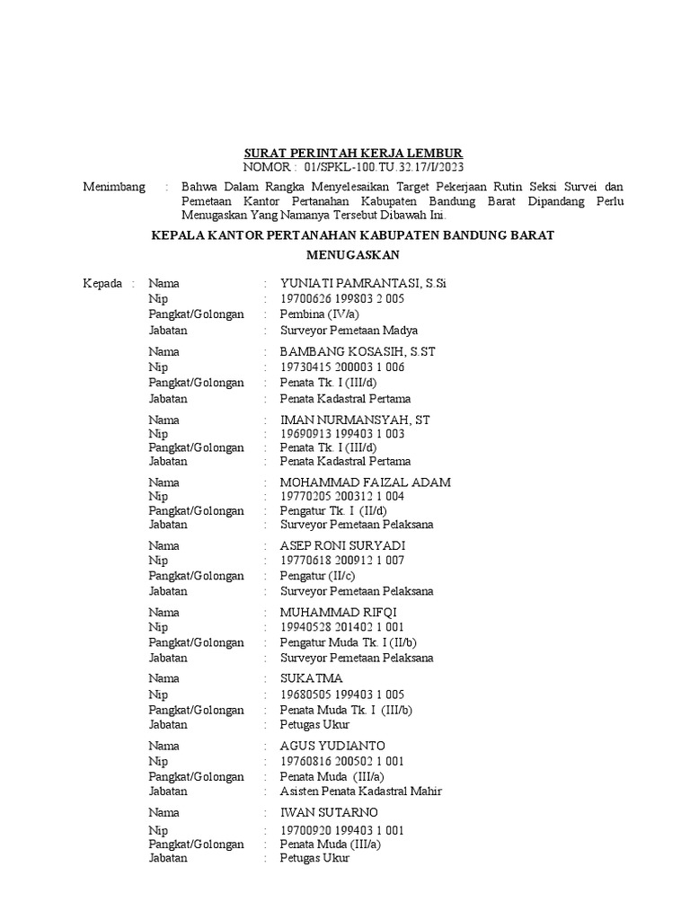 Surat Perintah Lembur SP 2023 | PDF