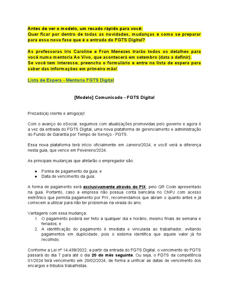 (Modelo) Comunicado - FGTS Digital | PDF | Business