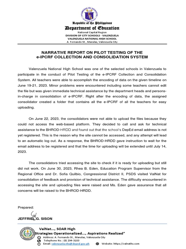 NARRATIVE REPORT e-IPCRF PILOT TESTING | PDF | Computing