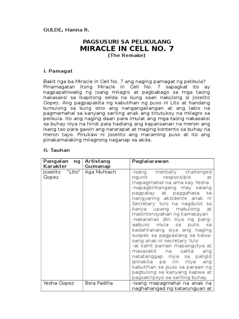 Pagsusuri Sa Pelikulang Miracle in Cell No. 7 | PDF