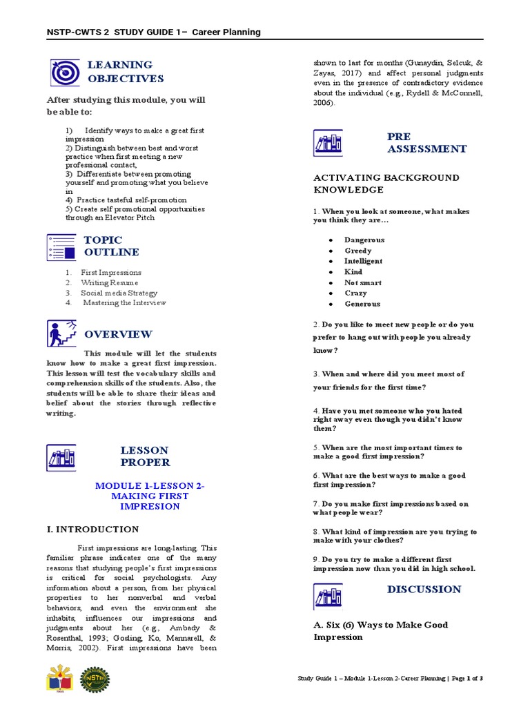 Study Guide 1 Module 1 Lesson 2 Career Planning Final Draft | Download Free PDF | Learning ...