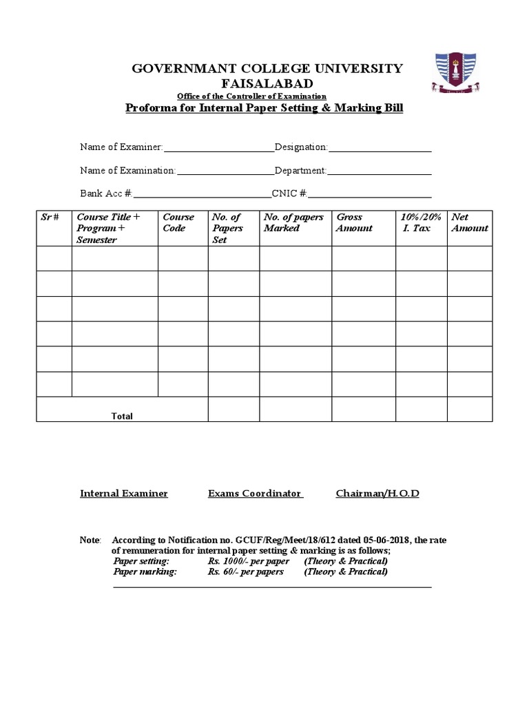 Internal Paper Setters and Marking Bill Performa | PDF | Technology ...