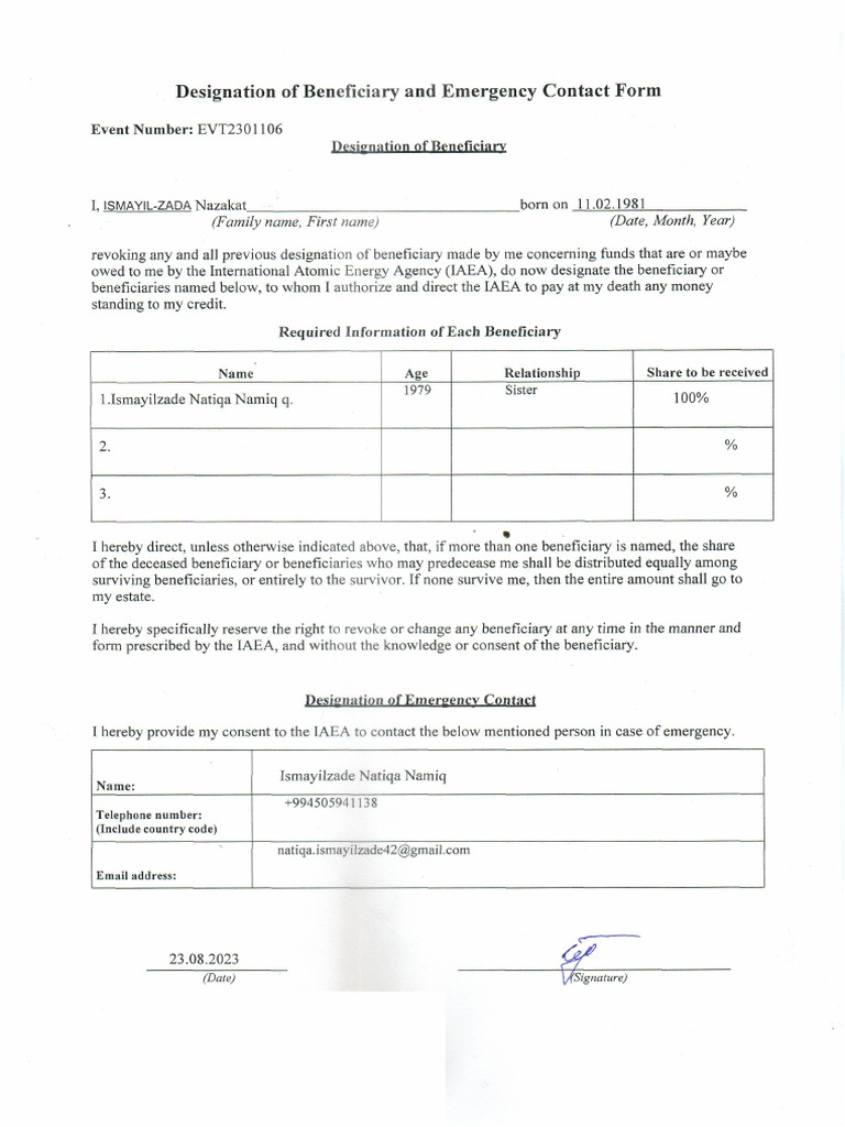 Designation of Beneficiary and Emergency Contact (25.30) | PDF