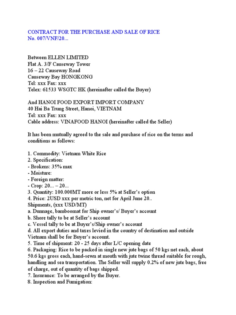 Rice Purchase and Sale Agreement | PDF | Cargo | Economies
