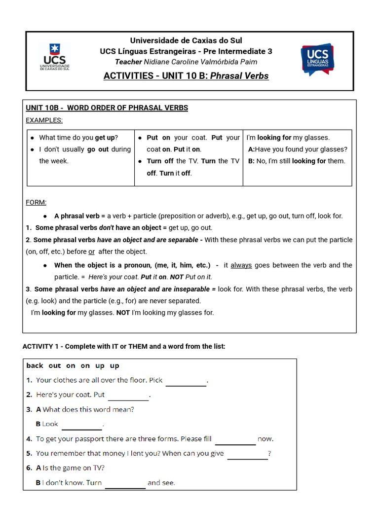 Phrasal Verbs (10B) - Pre Inter - 3 | PDF | Verb | Semantic Units