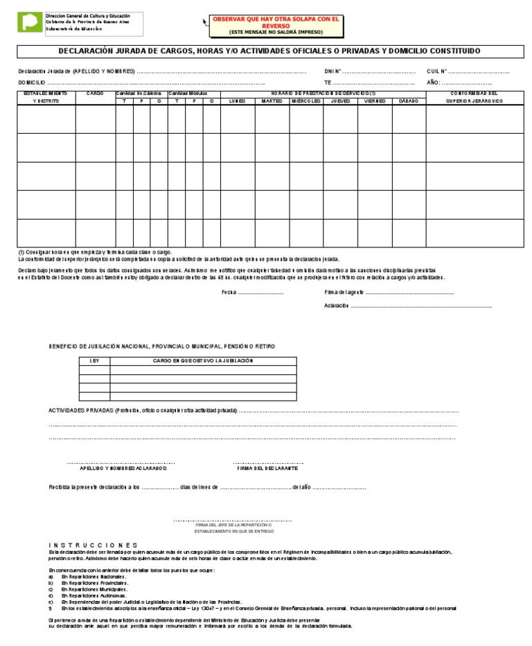 Declaración Jurada de Cargos y Horas | PDF | Derecho