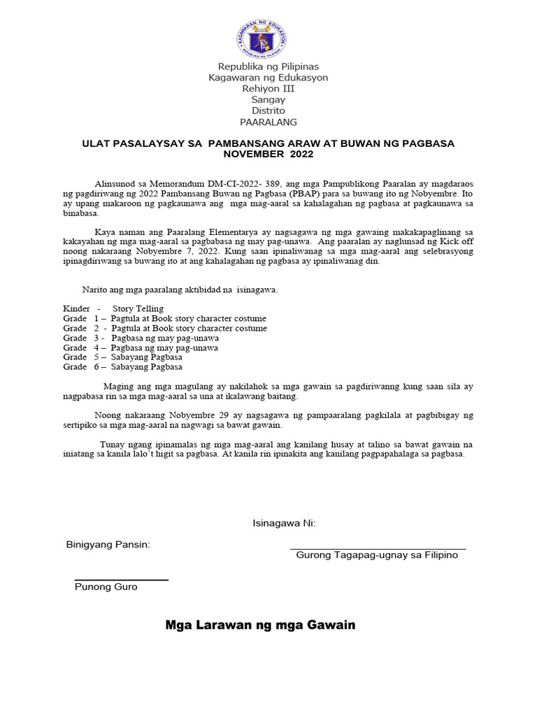 Ulat Pasalaysay PAMBANSANG ARAW AT BUWAN NG PAGBASA | PDF