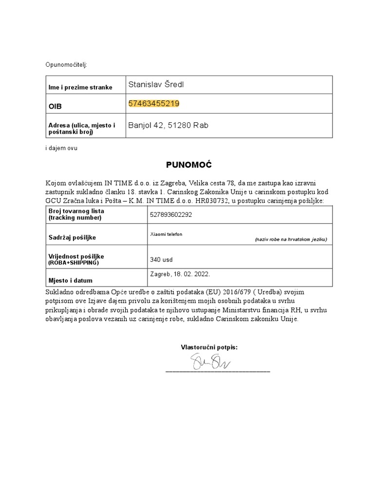 Carinska Punomoć Za Fizičke Osobe Izjava o Privatnosti | PDF