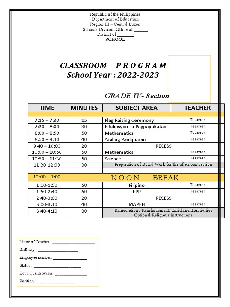 Classroom Program SY 2022 2023 | PDF