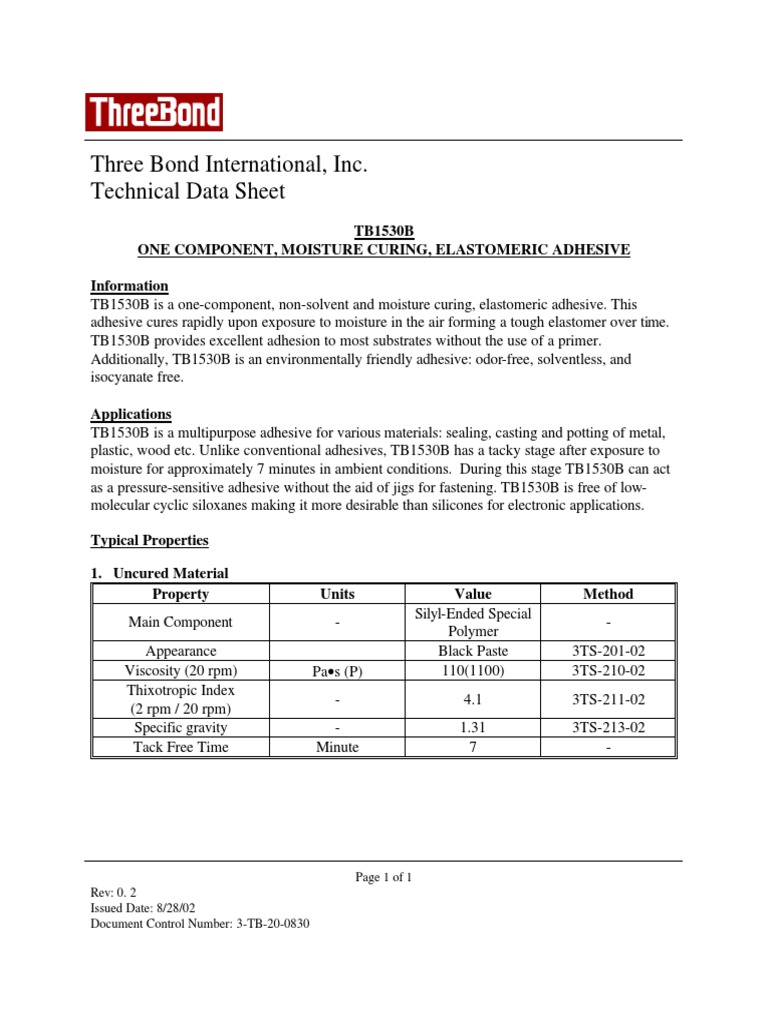 TB1530B Moisture-Curing Adhesive Data | PDF | Adhesive | Materials
