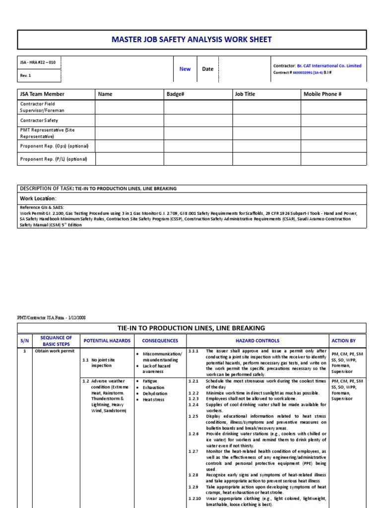 JSA-HRA #22-010 - TIe-in To Production Lines, Line Breaks | PDF ...