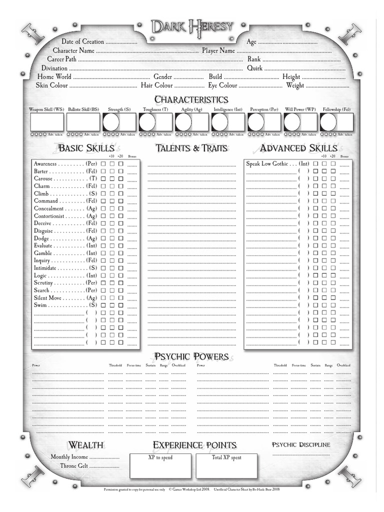 Dark Heresy Character Sheet - 2 Page | PDF