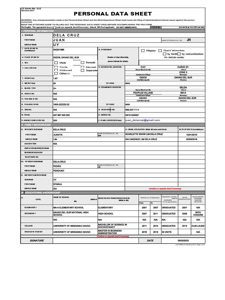 Sample Personal Data Sheet (PDS) | PDF