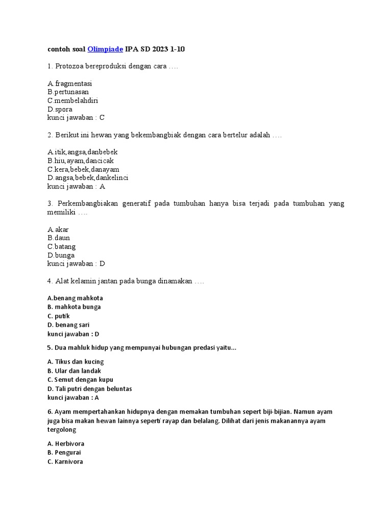 Contoh Soal Olimpiade IPA SD 2023 1 | PDF