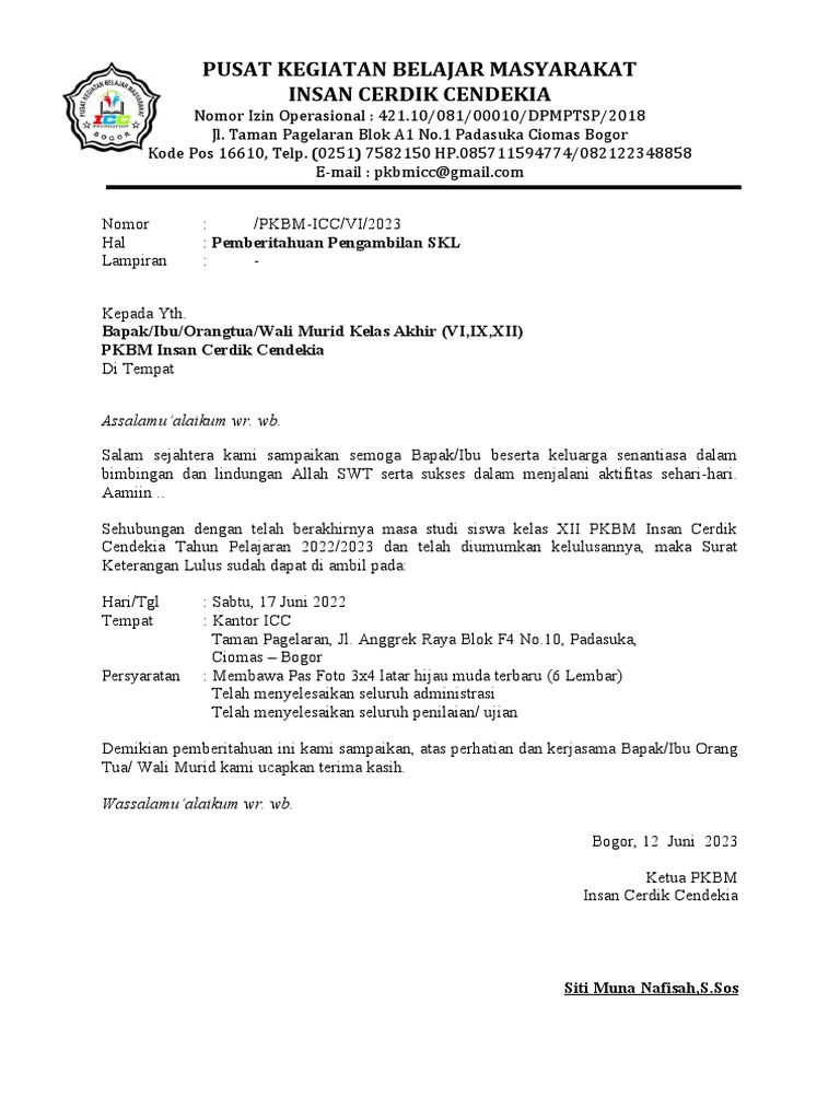 Surat Pemberitahuan Pengambilan SKL 2023 | PDF
