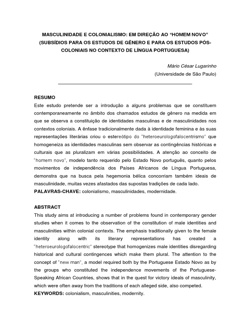 Masculinidade e Colonialismo - Mário César Lugarinho | PDF | Estado ...