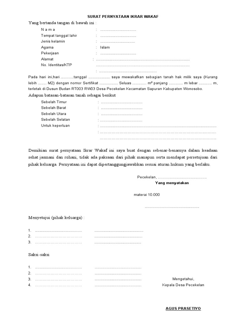 Surat Pernyataan Ikrar Wakaf | PDF