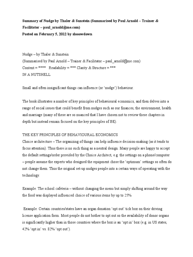 Summary of Nudge by Thaler | PDF