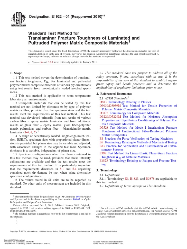 ASTM E1922 Standard Test Method For Translaminar Fracture Thoughness of ...