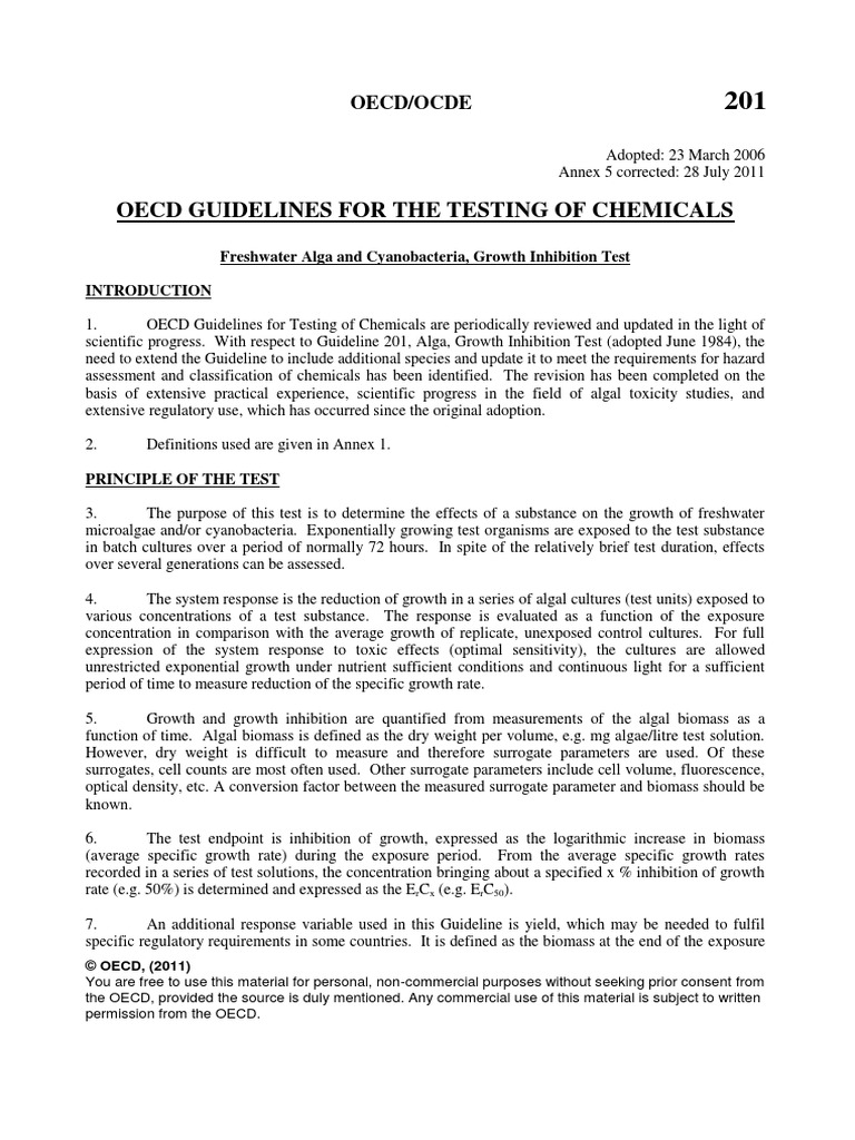 OECD 201 Freshwater Algae Cyanobacteria Growth Inhibition Test | PDF ...