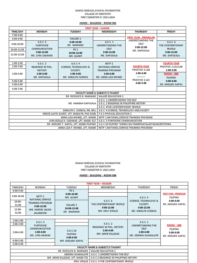 First Year Class Schedule Pdf Science
