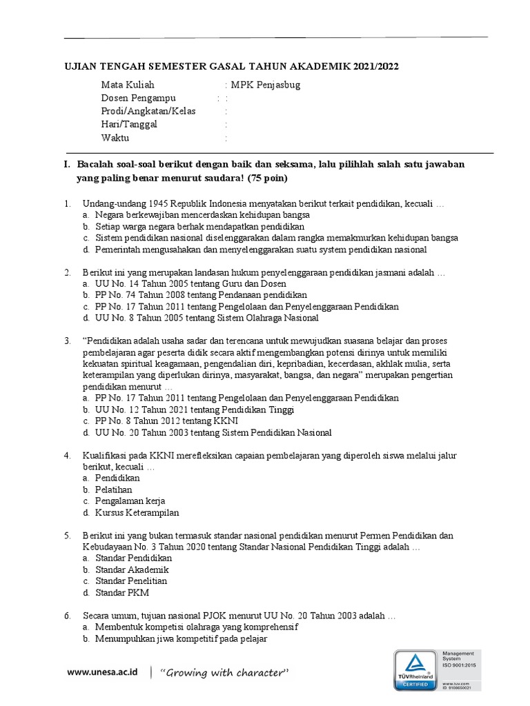 Soal Uts MK Penjasbug Tanpa Kunci Jawaban | PDF