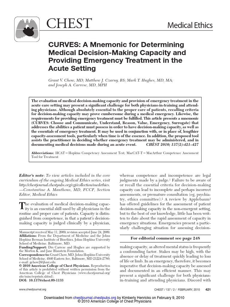 2010 CHEST - CURVES Mnemonic Medical Decision Making Capacity | PDF | Informed Consent | Autonomy