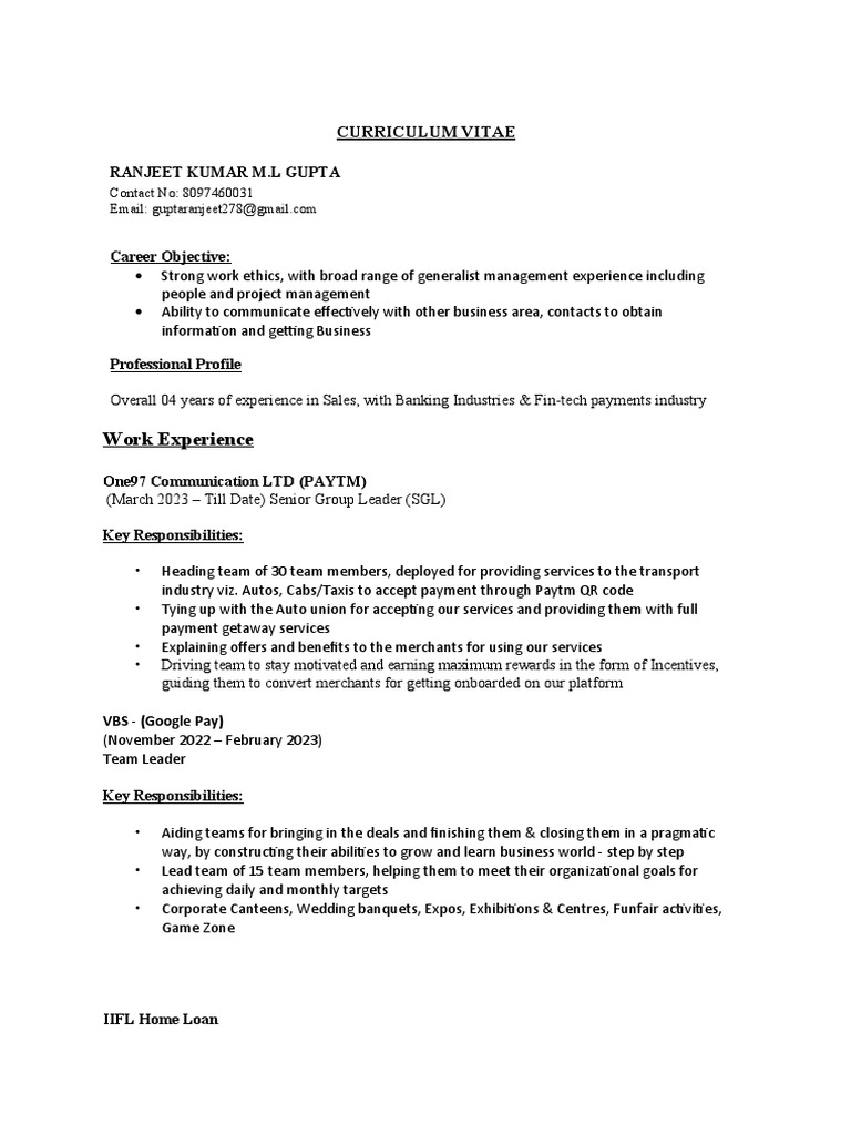 Ranjeet Gupta - Resume | PDF | Sales | Loans Ranjeet Gupta - Resume | PDF | Sales | Loans