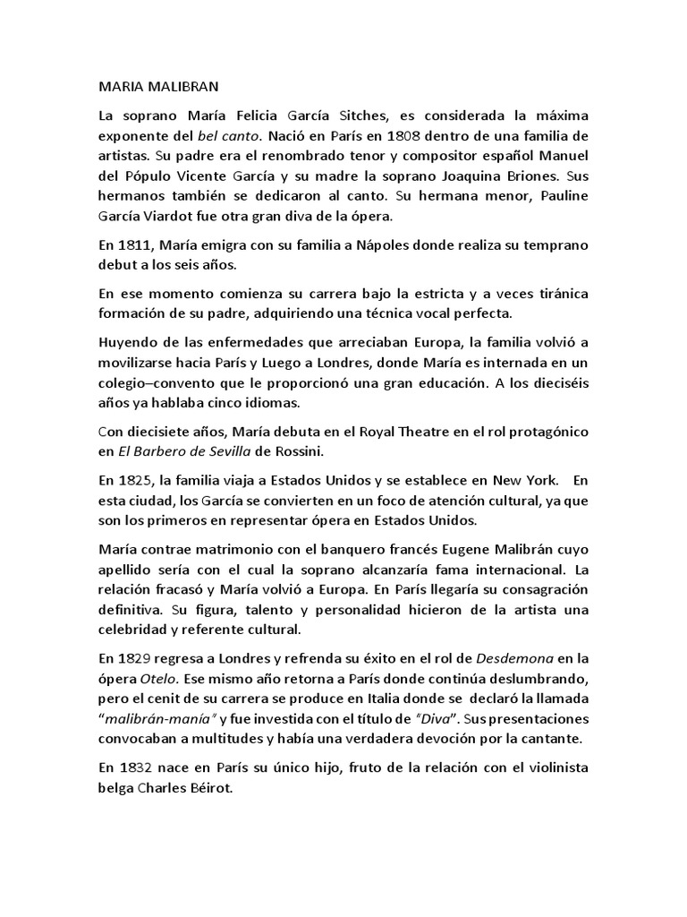 Biografía de María Malibrán, soprano célebre | PDF