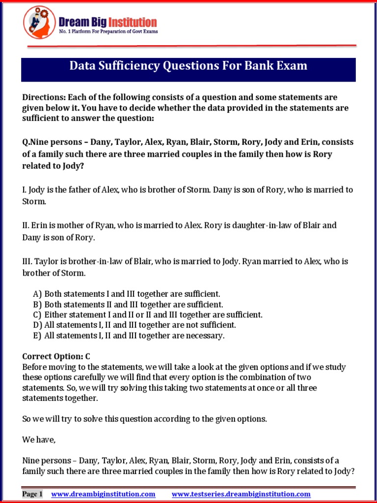 Data Sufficiency Questions For Bank Exam | PDF | Language Arts & Discipline