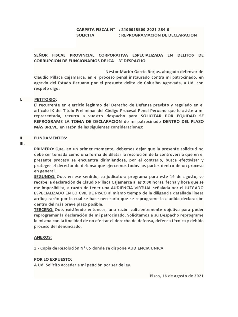 Solicito Reprogramacion de Declaracion CLAUDIO PILLACA | PDF | Fiscal | Esfera pública