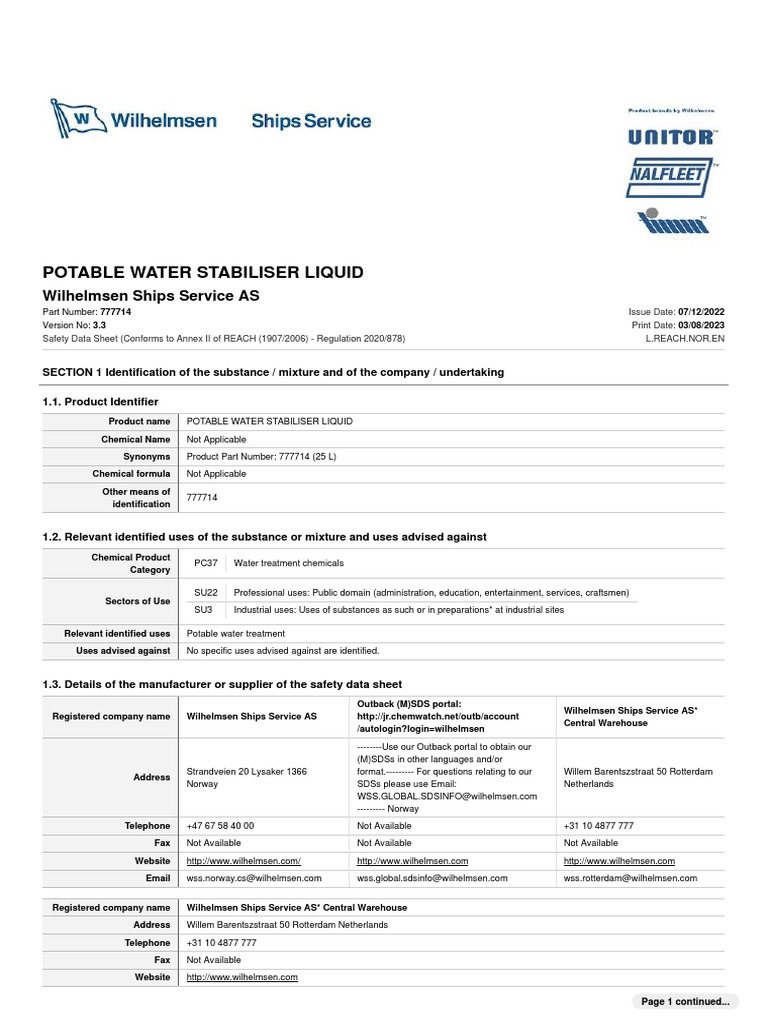 POTABLE WATER STABILISER LIQ.25 LTR | PDF | Dangerous Goods | Toxicity