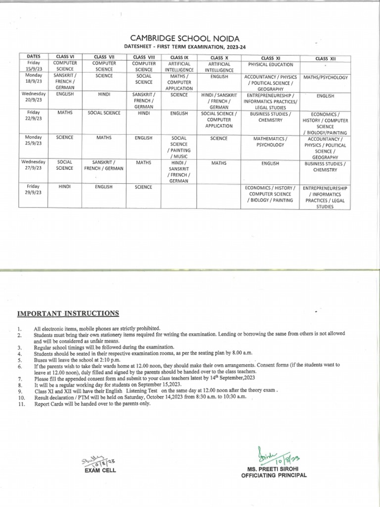 Date Sheet For Term I Examination and Important Instructions | PDF