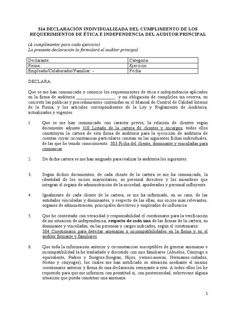 Declaración de Independencia Del Auditor Principal | Descargar gratis ...