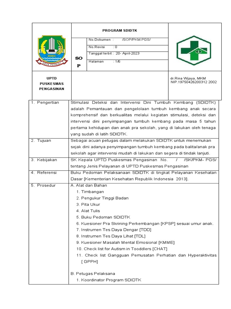 Sop Sdidtk Pelayanan Di Puskesmas | PDF
