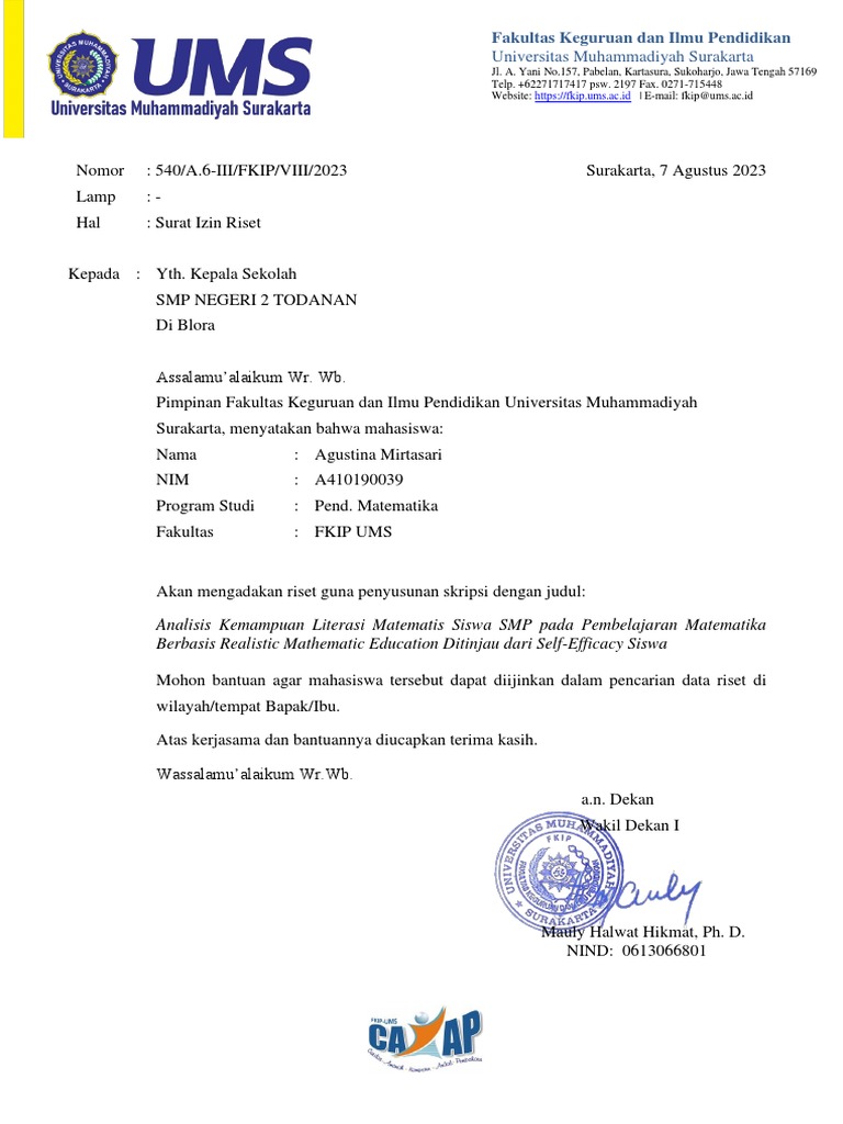 Surat Izin Riset Mahasiswa FKIP UMS | PDF