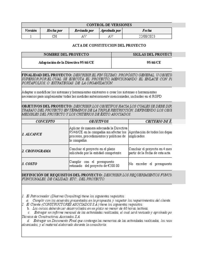 Acta De Constitucion De Proyectos
