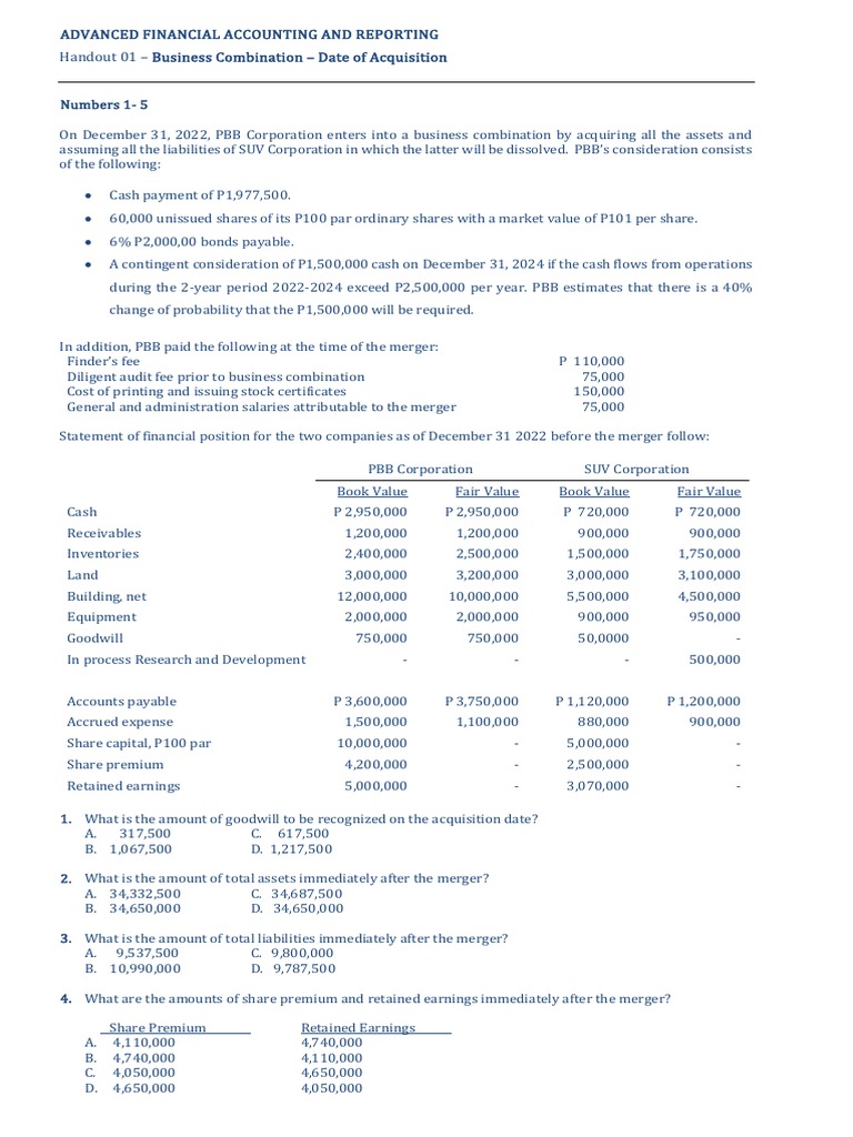 Bus Com Handout 1 Bus Combination | PDF | Book Value | Goodwill ...