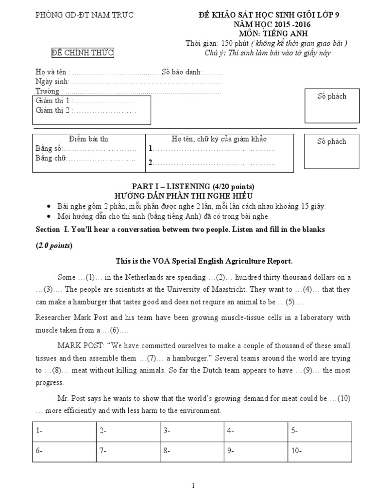 De Khao Sat Hoc Sinh Gioi Mon Tieng Anh Lop 9 Huyen Nam Truc Nam Dinh Nam Hoc 2015 2016 Co Dap ...