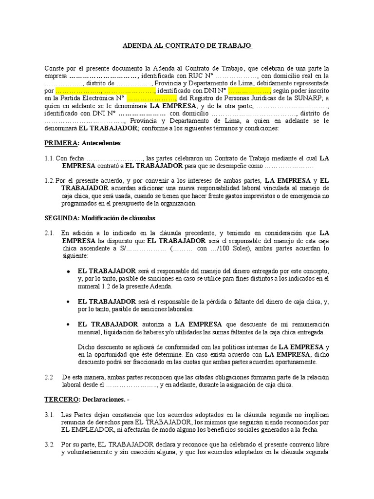 Modelo - Adenda Al Contrato de Trabajo | PDF | Derecho laboral | Justicia