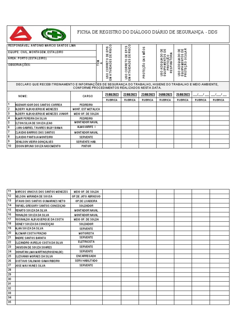 Ficha de Registro DDS e Segurança | PDF