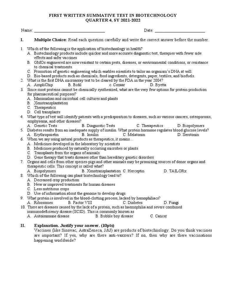 Biotechnology Summative Test Q4 2021-2022 | PDF | Biotechnology | Vaccines