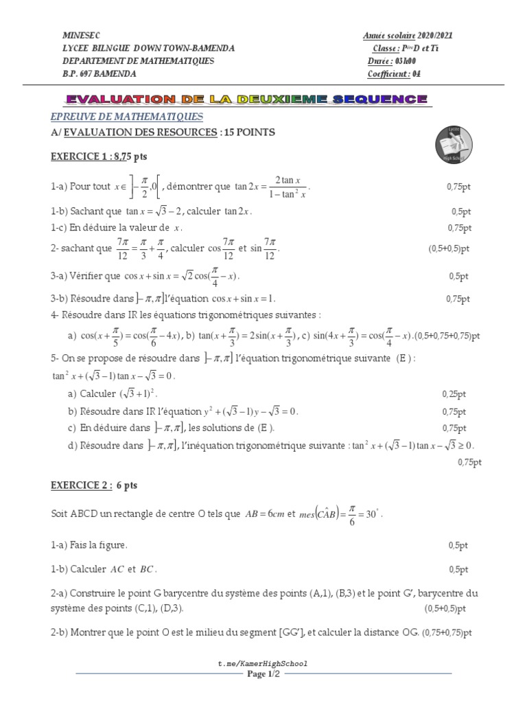 MATHEMATIQUES - LYCÉE BILINGUE DOWN TOWN - BAMENDA - PREMIÈRE D ...