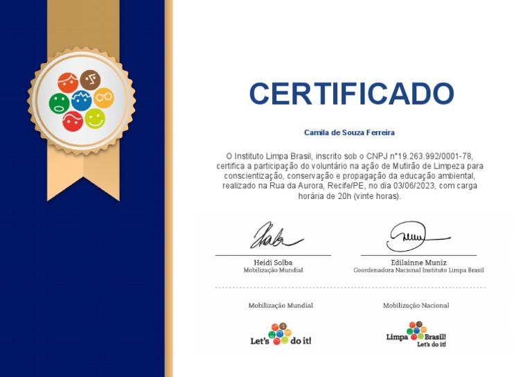 Certificado de Voluntariado - Limpa Brasil | PDF