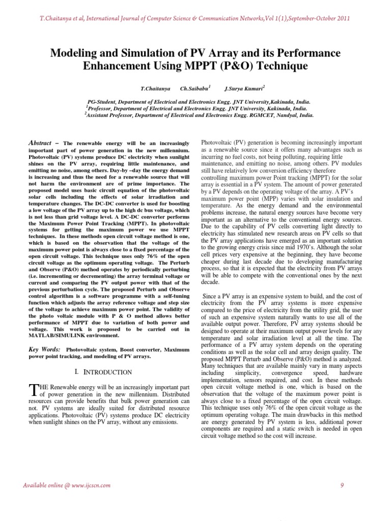 Modeling And Simulation Of Pv Array And Its Performance Enhancement Using Mppt Pando Technique