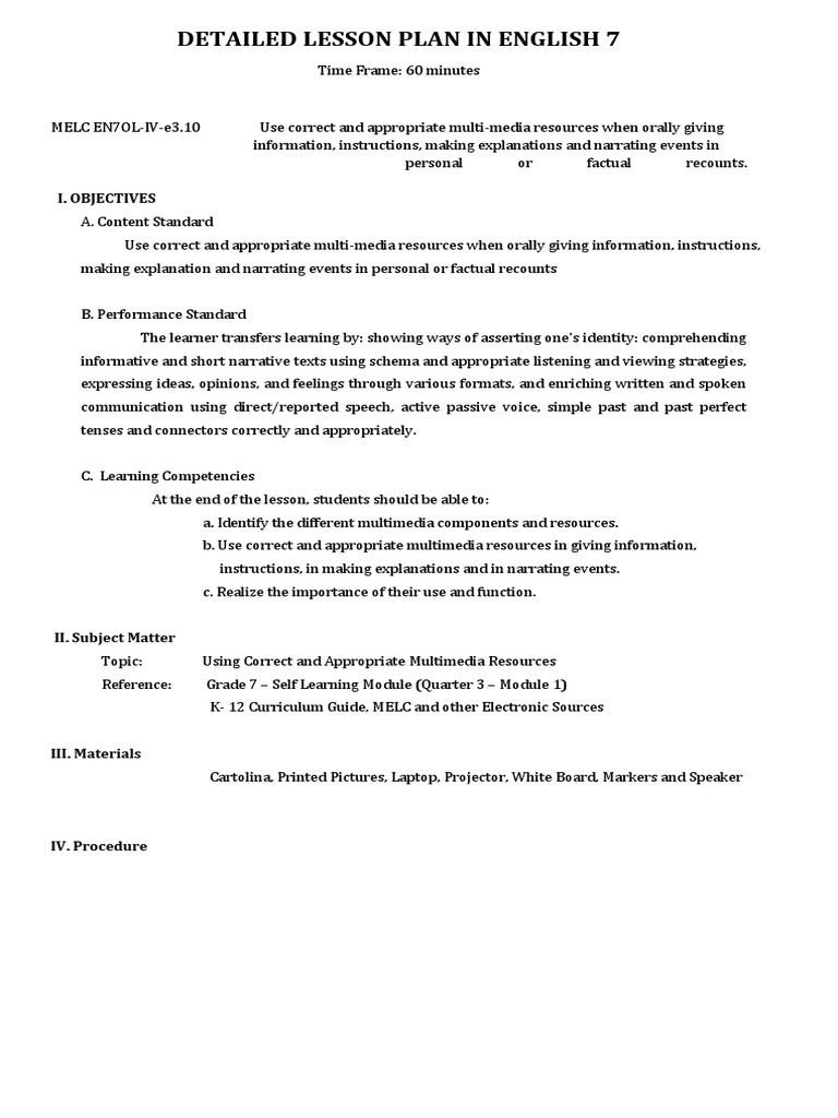 Detailed Lesson Plan in English 7 | PDF | Multimedia | Graphics