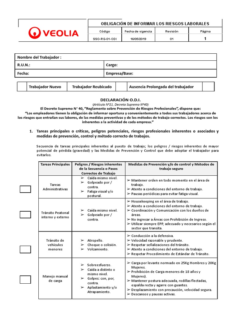 Sso-Rg-01-Odi Obligación de Informar Los Riesgos Laborales Rev 01 | PDF