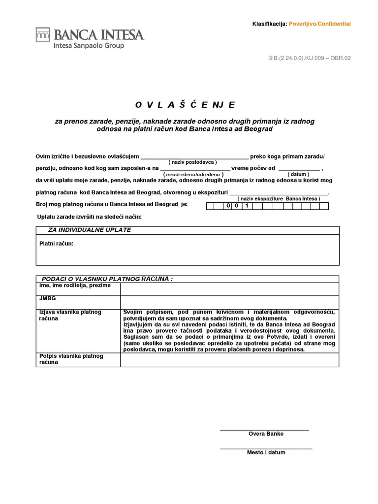 Ovlascenje Za Prenos Zarade Sa Potvrdom o Zaposlenju I Visini Primanja | PDF