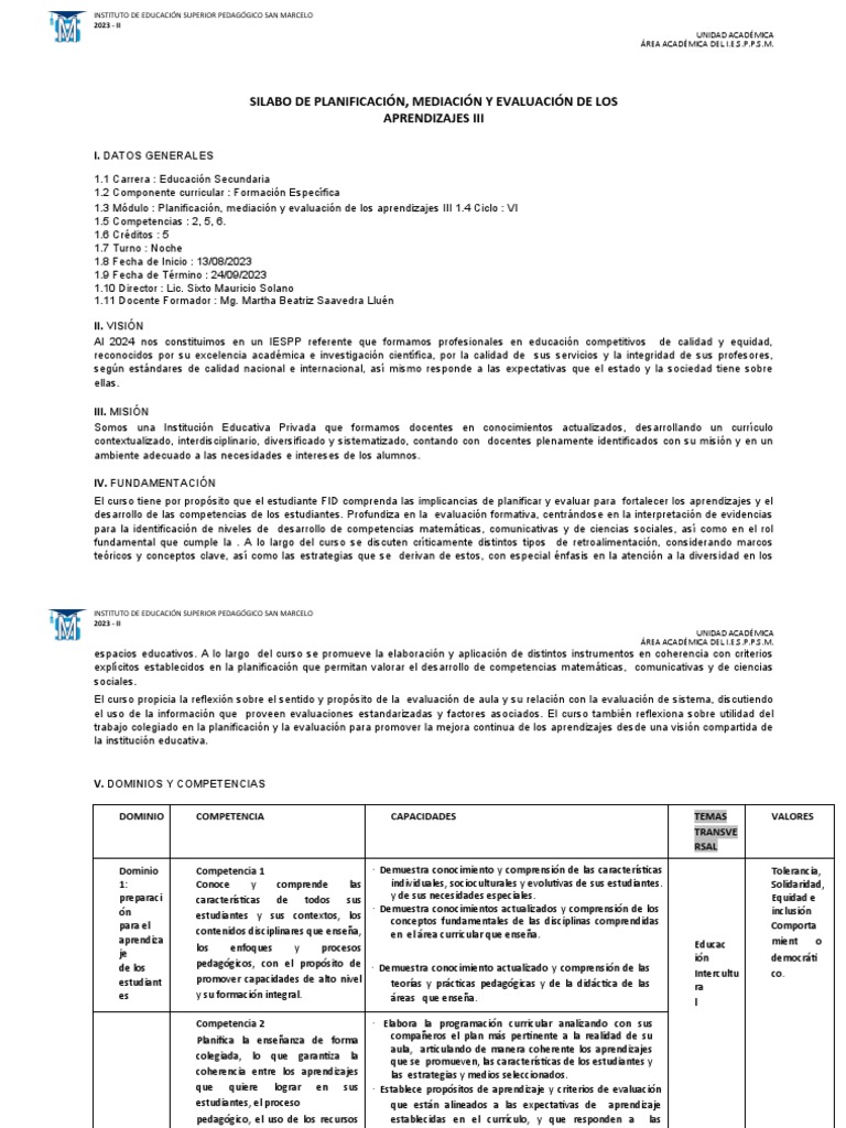 Silabo PLANIFICACION MEDIACION Y EVALUACION III.. 2022-2 | PDF | Evaluación | Plan de estudios
